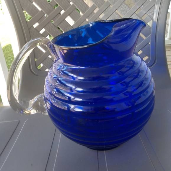 Vintage | Dining | Vintage Cobalt Blue Pitcher Art Glass Clear Applied ...